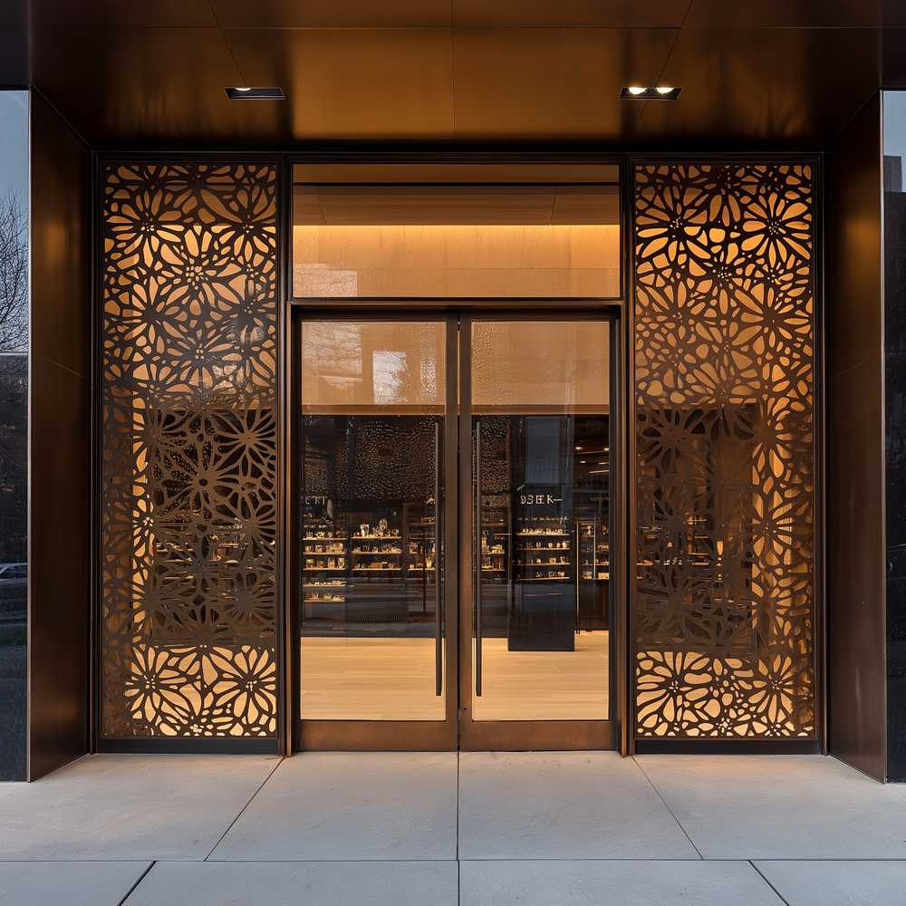 Aged Bronze Metal Entry Doors - Custom Laser Cut Design Pattern